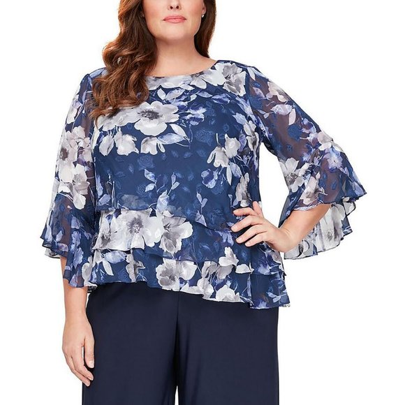 Alex Evenings | Tops | Alex Evenings Blouse Tiered Hem Floral Ruffles ...